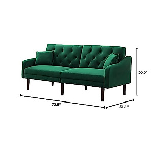 OYN Modern Velvet Upholstered Futon Sofa (72.8”x31.1”x30.3”H), Longer Loveseat Convertible Sleeper Couch Bed for Living Room Apartment Small Space Furniture Sets with 2 Pillows,Green