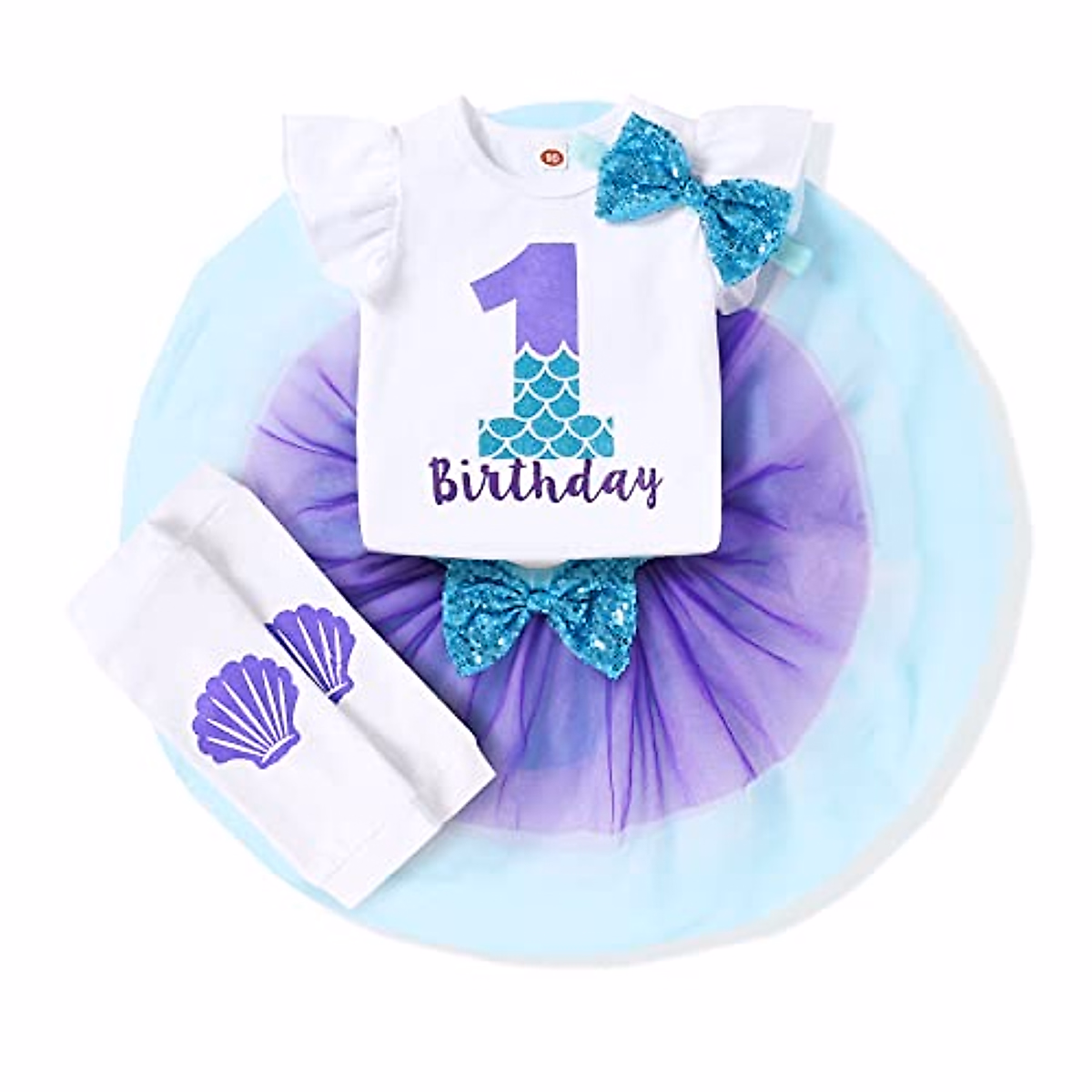 YOUNGER TREE Baby Girls 1st Birthday Mermaid Outfit Romper Headband Leggings Tutu Dress Sequin Bowknot Princess Skirt Sets (12-18 Months, White # Birthday)
