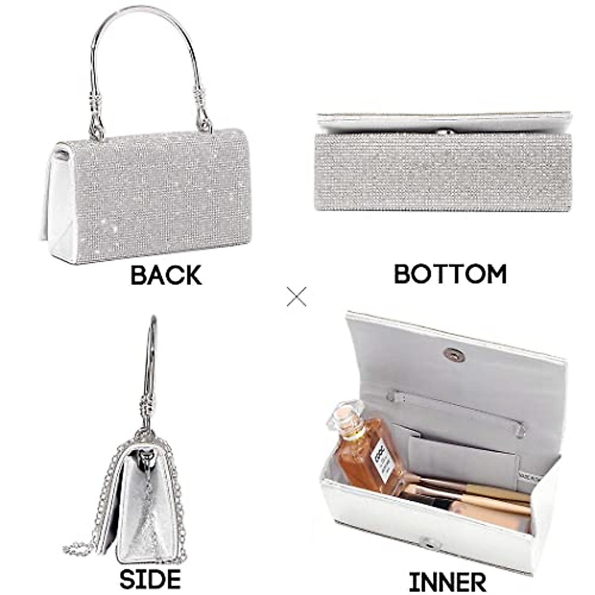 Yokawe Rhinestone Clutch Purses for Women Bling Crystals Evening Bag Wedding Party Prom Cocktail Handbags (Silver)