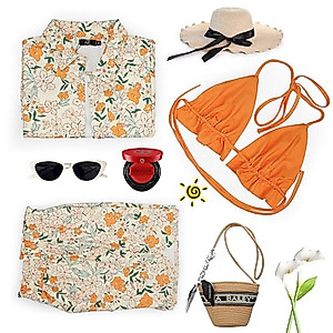 Women's Hawaiian 3 Piece Outfits Sets Floral Blouse Swimsuit Cover Ups Halter Bikini Top Mini Short Summer Beachwear Khaki XL