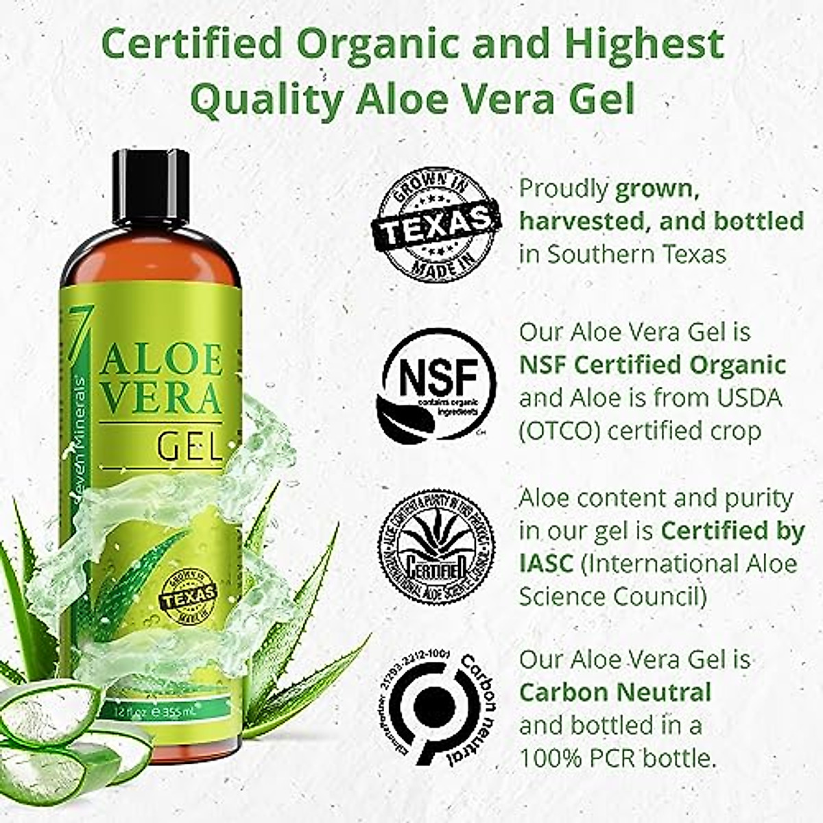 Organic Aloe Vera Gel from freshly cut 100% Pure Aloe - Big 12oz - HighestQuality, Texas grown, Vegan, Unscented - For Face, Skin, Hair, Sunburn relief