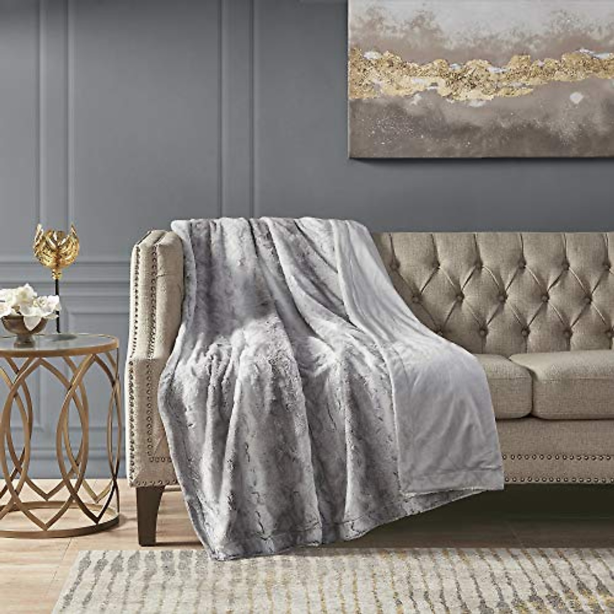 Madison Park Zuri Soft Plush Luxury Oversized Faux Fur Throw Animal Stripes Design, Faux Mink On The Reverse, Modern Cold Weather Blanket for Bed, Sofa Couch, 60x70", Grey