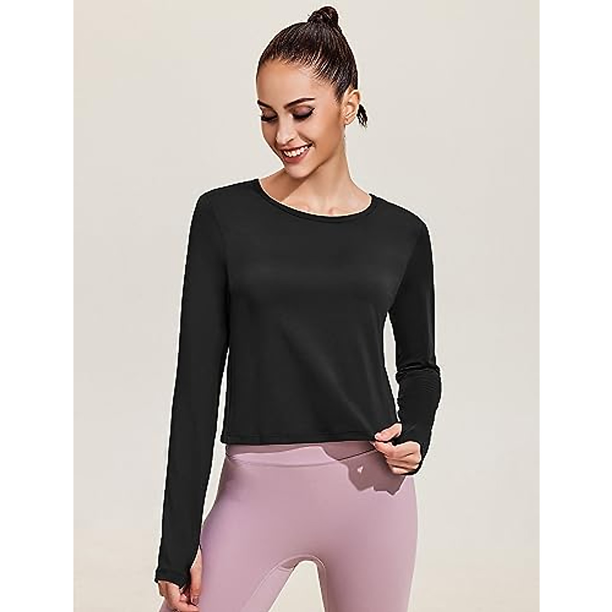 Pinspark Gym Shirts for Women Long Sleeve Workout Shirt Open Back Yoga Crop Top Solid Athletic Top Activewear,Black Small