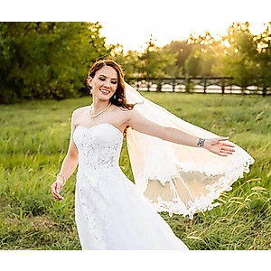 Ursumy Wedding Lace Veil Short Sparkle Waist Veils 2 Tier Soft Tulle Bridal Veils with Comb (White)