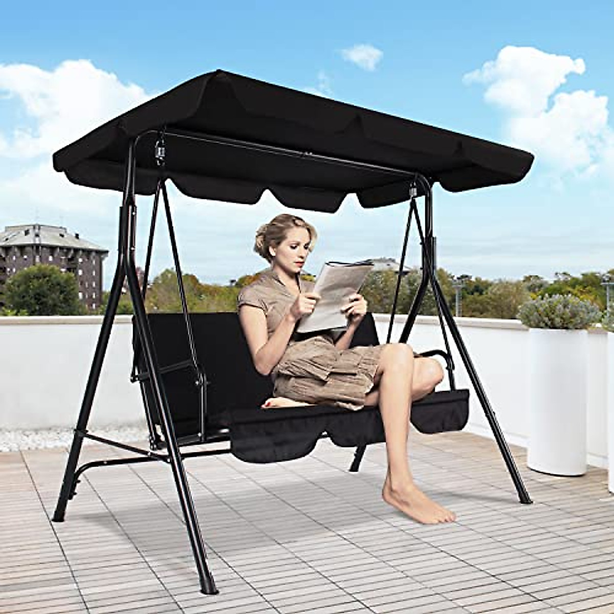 3-Seat Patio Swing Chair,Outdoor Porch Swing with Adjustable Canopy and Durable Steel Frame for Patio, Garden, Poolside (Black)