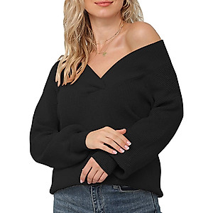 Feiersi Women's Off Shoulder Sweater Long Sleeve Loose Tops V-Neck Pullover Knit Jumper(Black,X-Large)