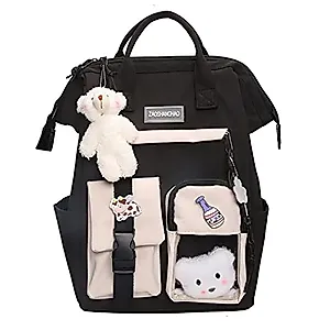 KOWVOWZ Kawaii Backpack for Teen Girls Aesthetic Student Bookbags with Cute pin bear pendant harajuku school nylon waterproof (black)