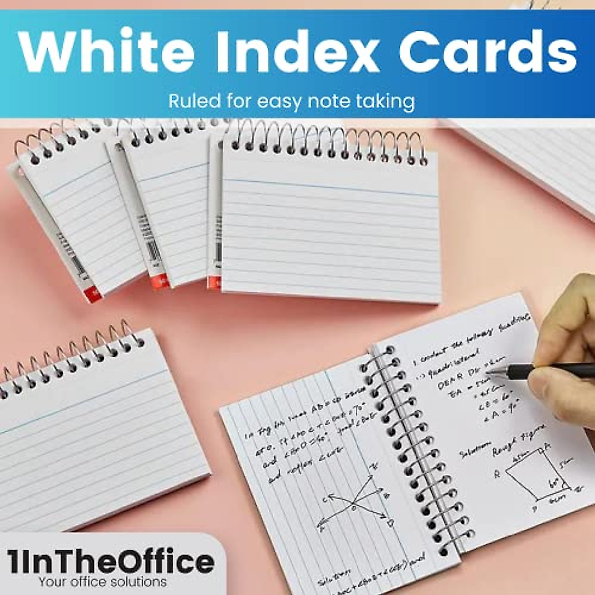 1InTheOffice Spiral Index Cards 3x5 Ruled, Spiral Bound, 50 White Cards/Spiral