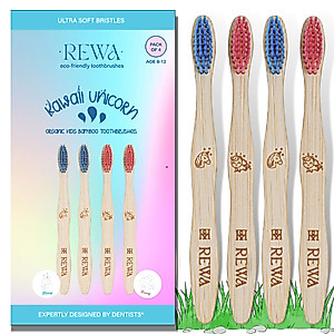 Rewa Kids Kawaii Unicorn l Children Bamboo Toothbrushes l Organic Compostable Natural Ayurvedic l Pack-4 l Soft Bristles BPA Free Pink (Sassy) & Blue (Shiny).