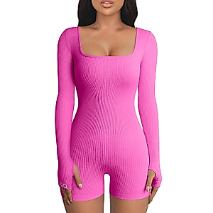 OQQ Women’s Yoga Rompers Workout Ribbed Long Sleeve Square Neck Sport Jumpsuits Rompers Rose