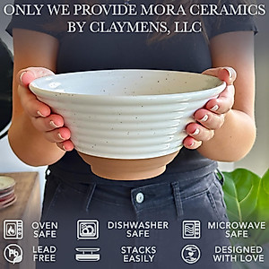 Mora Ceramic Ramen Bowl Set of 2, 45oz - Great for Pho, Miso Udon Soup, Instant Noodles, Serving, Thai or Asian Food - Microwave Safe Large Japanese Noodle Bowls, Modern Kitchen - Vanilla White