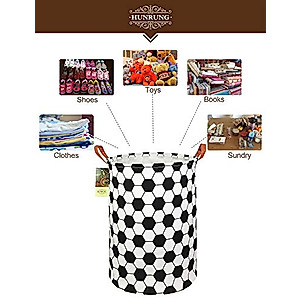 HUNRUNG Laundry Hamper,Large Canvas Fabric Lightweight Storage Basket Toy Organizer Dirty Clothes Collapsible Waterproof for College Dorms, Children Bedroom,Bathroom（Roud-Football）