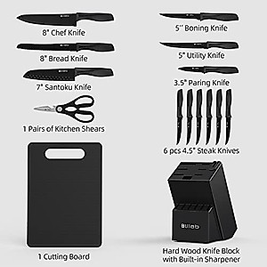 Stllab Knife Set with Cutting Board, 15 Pcs Kitchen Knife Set with Built-in Sharpener Block, Knife Set with 6 Steak Knives, Black