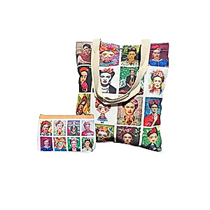 Mexican Artist Frida Inspired Canvas Tote Bag & Matching Accessory Bag - Beautiful Set