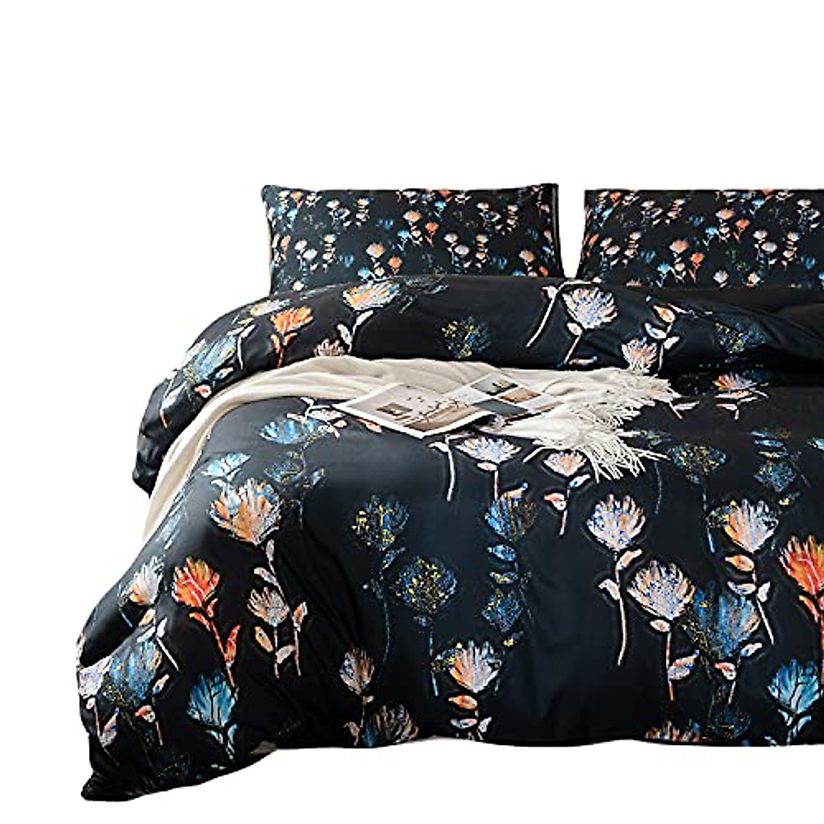 Sheleep Black Floral Duvet Cover Set 3 Pieces Bedding Soft Lightweight Brushed Microfiber Bedding , 1 Duvet Cover 2 Pillow Shams, Queen, Colorful Leaf