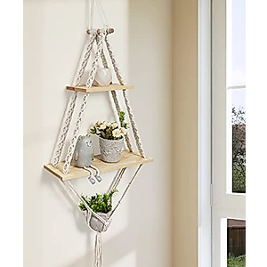 Afuly Macrame Hanging Shelves 2 Tiers Floating Shelf Natural Wood Wall Shelves Chic Boho Decor, Pine Wood Cotton Rope Bohemian Floating Plants Storage for Bedroom Bathroom Living Room, Beige