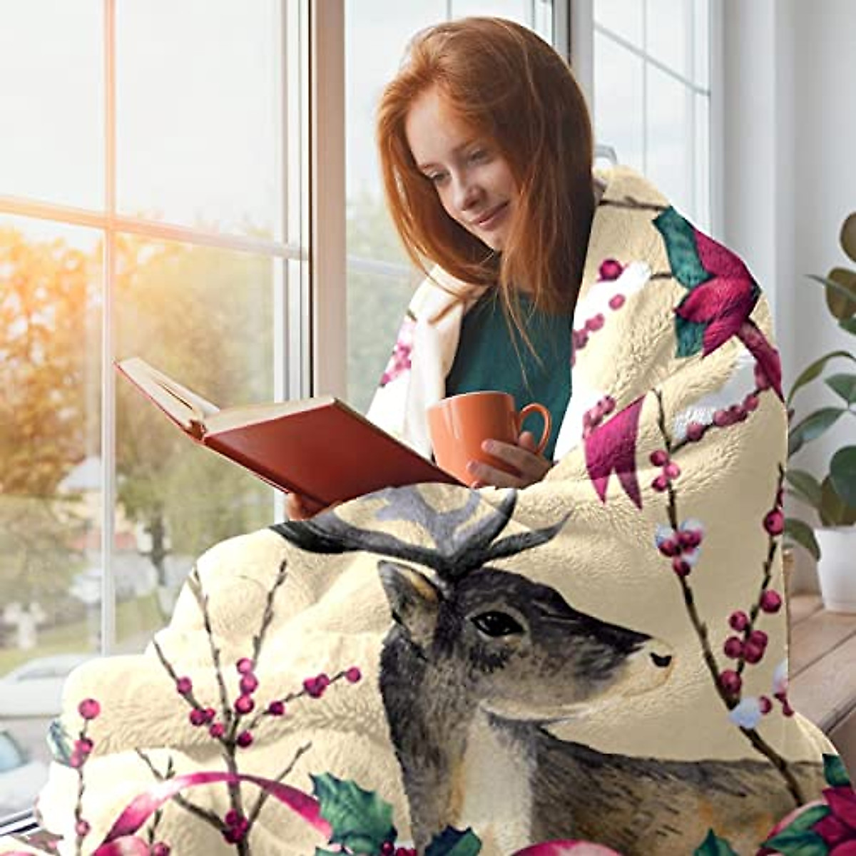 Reindeer with Flowerl Throw Blanket 59x39 Warm Soft Blankets and Throws for Sofa