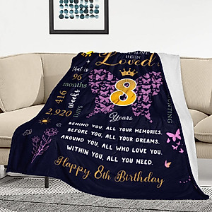 8 Year Old Girl Birthday Gifts Blanket 60 x 50 inch, Best Presents for 8 Year Old Girls, Eight Year Old Girl Gifts, Girls Age 8 Gift Ideas, 8 Yr Old Girl Gift, 8th Birthday Decorations for Girls