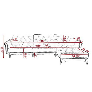 MOEO 115" Reversible Button Tufted Sectional Sofa with 2 Pillows and Chaise Lounge, L-Shaped Nailhead Decor Corner Sofá Convertible Sleeper Velvet Couch Bed for Living Room Furniture, Red