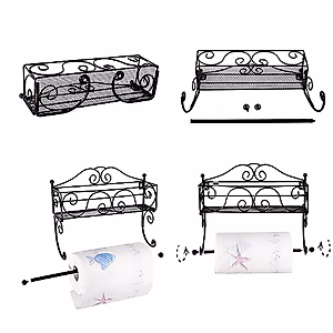 Adhesive Paper Towel Holder with Shelf, Paper Towel Holder Wall Mount, 12in Black Paper Towel Holder for Kitchen, Hand Towel Holder for Bathroom with Shelf