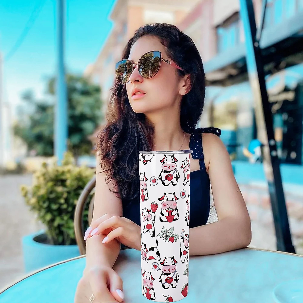 Strawberry Cow Print Tumbler-20 oz Skinny Tumbler with Lid and Straw-Cow Gifts for Women, Birthday Gifts for Women-Strawberry Decor, Strawberry Accessories-Insulated Cow Tumbler,Cute Cups,Cute Tumbler