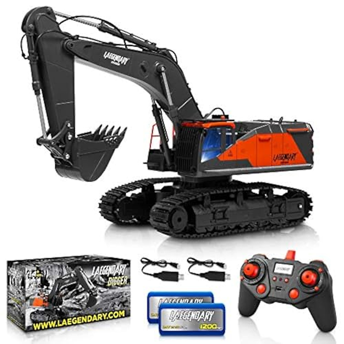 LAEGENDARY RC Excavator - Remote Control Excavator - Electric, Hobby-Grade Construction Vehicles - 1:14 Scale, Black - Red