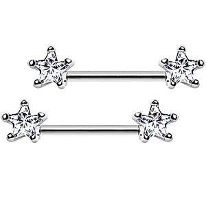 Body Candy Stainless Steel Clear Accent Star Barbell Nipple Ring Set 14 Gauge 9/16"