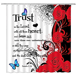Inspirational Quote Bath Mat Red Rose Flower Butterfly Trust in The Lord with All Thine Heart Abstract Floral Art Bathroom Rug Decor