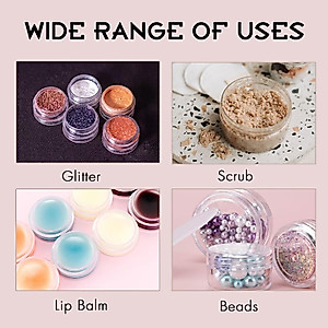 50 Count 5 Gram Sample Containers, Clear Lip Balm Containers with Lids, Small Plastic Sample Jars with 4 Mini Spoons, 50pcs Labels (Pink Lid)