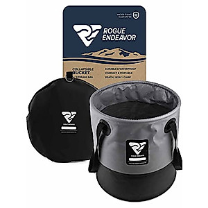 Rogue Endeavor Heavy Duty Collapsible Bucket (5 Gallon (20L) Includes Lid), Mesh Bag, Beach and Salt Water Ready, Durable Reinforced Design with Metal Hardware (Black)