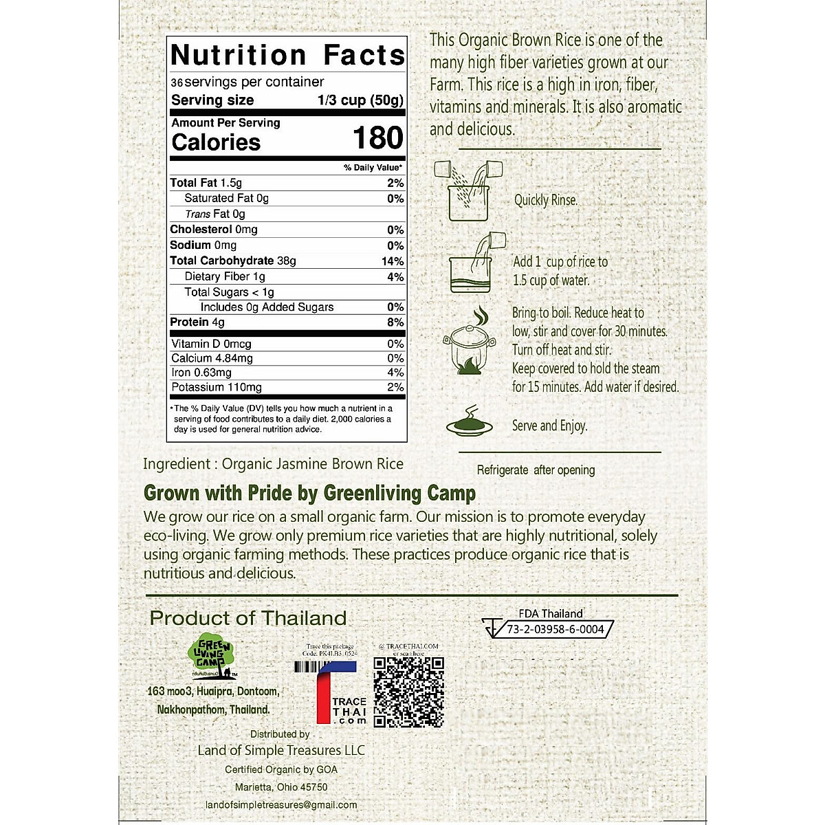 Organic Brown Jasmine Rice from Thailand - Whole Grain Vegan Natural Healthy Superfood Gluten-free - 4 LB