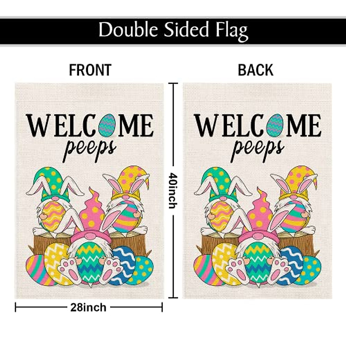 Ksoemar Easter Flag 28 x 40 Double Sided, Welcome Peeps Bunny Gnomes Easter House Flags, Large Burlap Yard Flag,Spring Gnomes Eggs Rabbit Welcome Easter House Decoration
