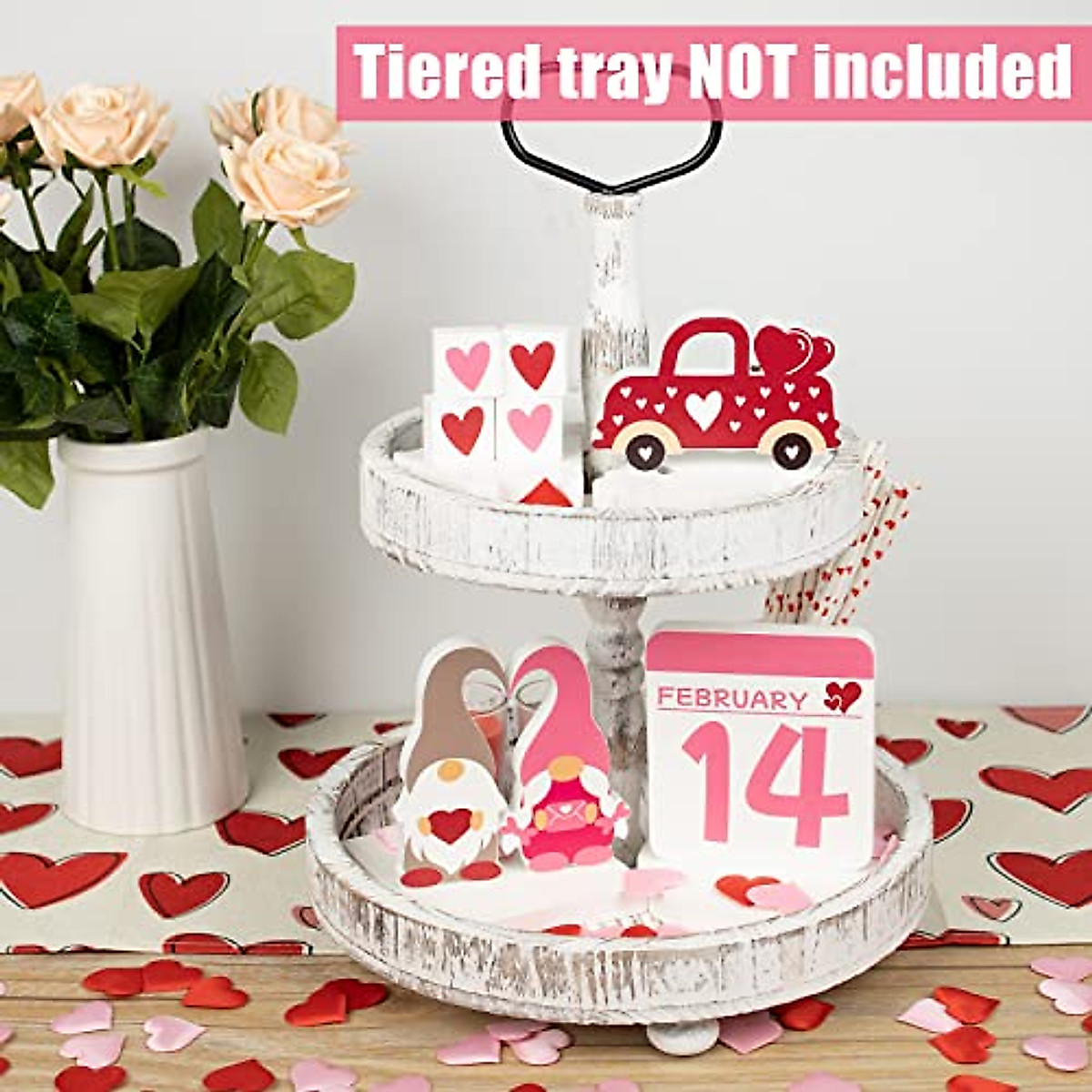 Valentines Day Decor-8PCS Valentines Day Decorations for The Home-Wooden Sign,Cute Gnome,Love Heart Blocks for Farmhouse Tiered Tray Decor and Table Decor