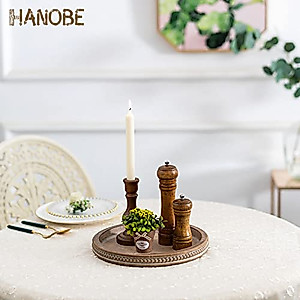 Hanobe Wood Decorative Tray Round: Brown Bead Tray for Coffee Table Rustic Wooden Trays Decor Farmhouse Kitchen Counter Circle Tray Vintage Centerpiece for Living Room Candle Holder Home Organizer