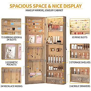 LVSOMT LED Jewelry Mirror Cabinet 47.2", Wall/Door Jewelry Armoire Organizer, Full-Length Mirror with Jewelry Storage, Over The Door Hanging Mirror, 2 Drawers, Lockable, Wood