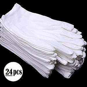24 Pcs (12 Pair) White Cotton Gloves for Dry Hand Moisturizing Cosmetic Eczema Hand Spa and Coin Jewelry Inspection, Checking Gloves,Serving Gloves Stretchable Lining Gloves Moisturizing Gloves