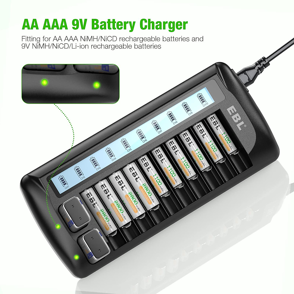 EBL 12 Bay LCD Universal Battery Charger for Rechargeable AA AAA 9V NIMH NICD Batteries