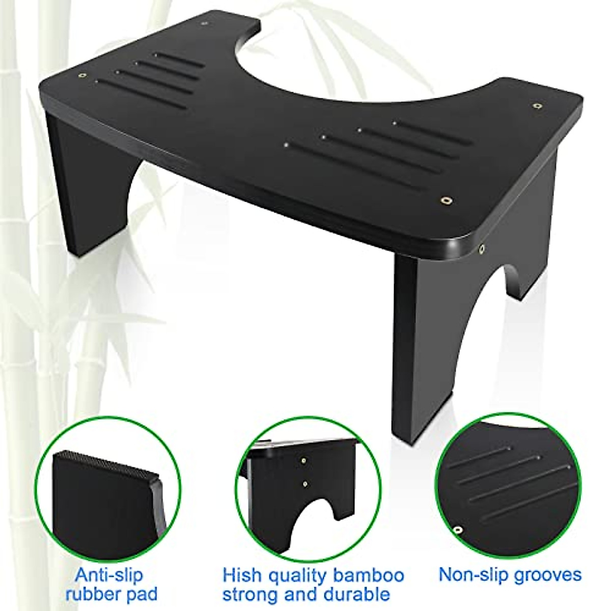 Bamboo Toilet Potty Stool for Adults, 7" Squatting Toilet Poop Stool, Bathroom Toilet Stool with Non-Slip Mat, Halloween Original Simple Design Toilet Step Stool Healthy Gifts for Kids Seniors. Black