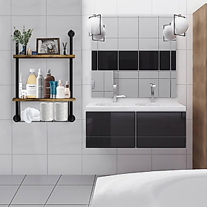 GILPWA 2-Tier Bathroom Shelves Wall Mounted, Floating Shelving Retro Pipe Shelf with Basket, Easy Assemble Industrial Pipe Shelving, Anti-Rust Wall Shelves for Living Room, Kitchen 31.9 * 16.9 inch