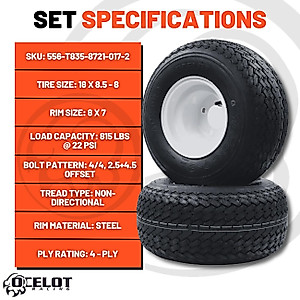 Ocelot Excel 18x8.5-8 Golf Cart Tires with White 8x7 4/4 2.5+4.5 Steel Wheel, Fits Club Car, Golf Carts With Stock Size 8x7 OEM Wheels, Tubeless tire, Turf Style Tread for Low Impact On Grass