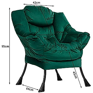 AcozyHom Modern Cotton Fabric Lazy Chair, Accent Contemporary Lounge Chair, Single Steel Frame Leisure Sofa Chair with Armrests and A Side Pocket, Thick Padded Back, Velvet Green