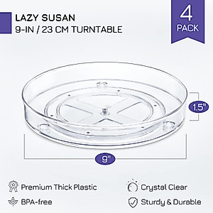 Set of 4, 9 Inch Clear Non-Skid Lazy Susan Organizers + Set of 8, Stackable Clear Bins with Removable Dividers - Pantry Food Snack Organization and Storage - Multi-Purpose Plastic Home Organizer