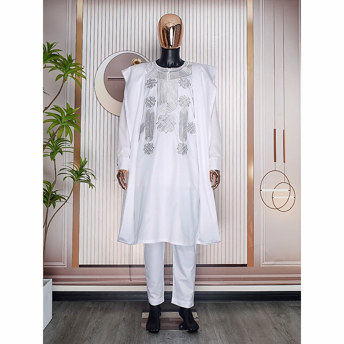 HD African Apparel Agbada Clothing Embroidery Dashiki Shirts and Pants African Men Outfits 3 Pieces, White L