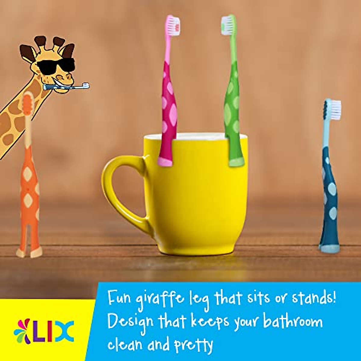 55Dental Kids Toothbrush Set of Soft Giraffe Toothbrush for Kids 3-9. Easy-Grip, Bristle Cover, Self-Standing & Splited Bottom for Cup Rim. by Lix, 4 Colors