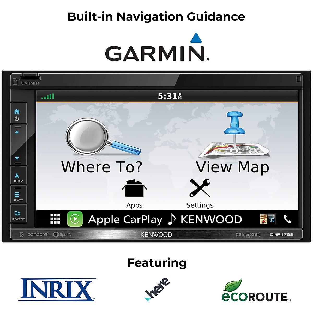 KENWOOD DNR476S 6.8" Car Stereo, Garmin Navigation Built in, Inrix Traffic Service, CarPlay and Android Auto, Bluetooth, (Does Not Play DVD's)