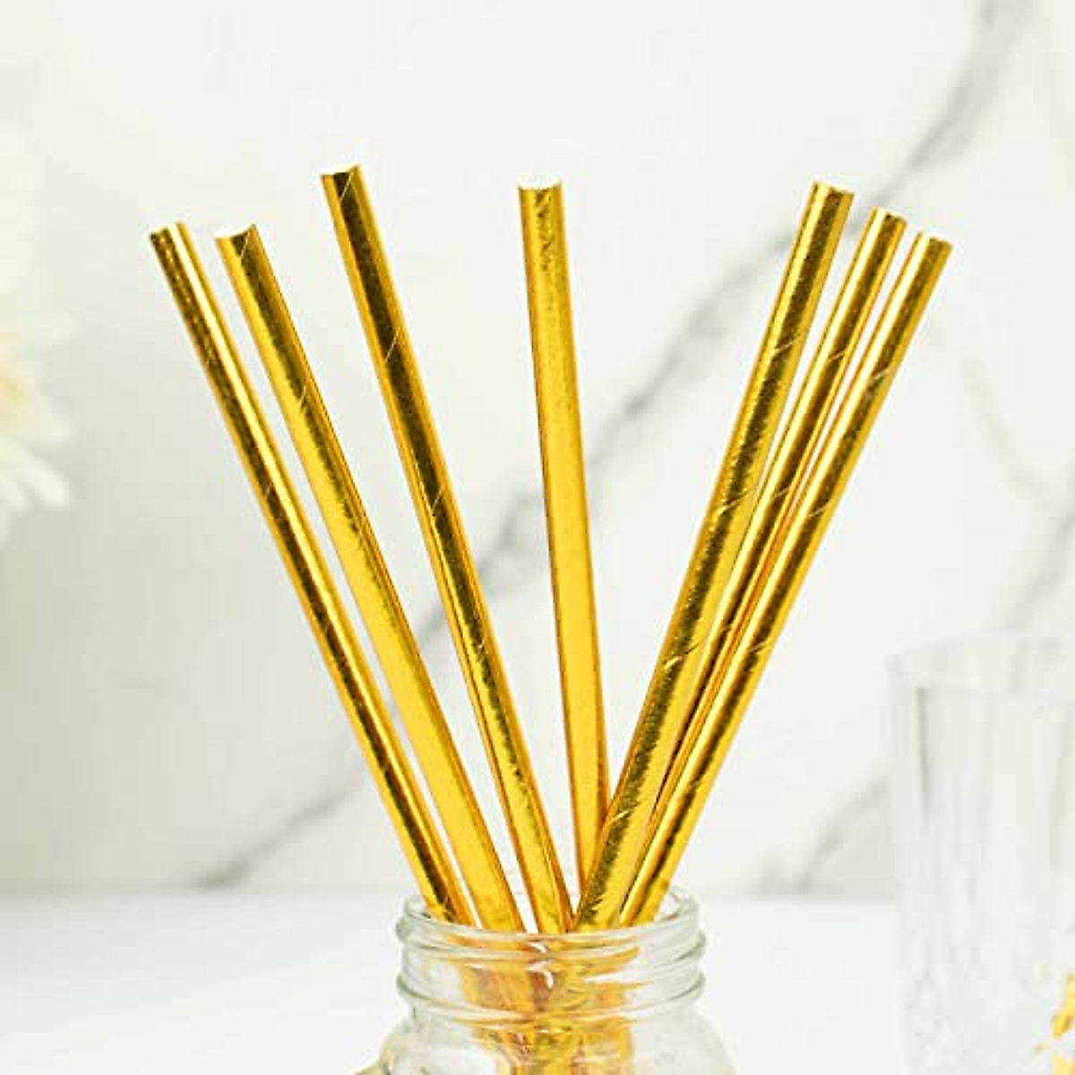 TABLECLOTHSFACTORY 50 Pack | 8" Metallic Gold Foil Food Grade Paper Drinking Straws, Biodegradable Disposable Party Straws