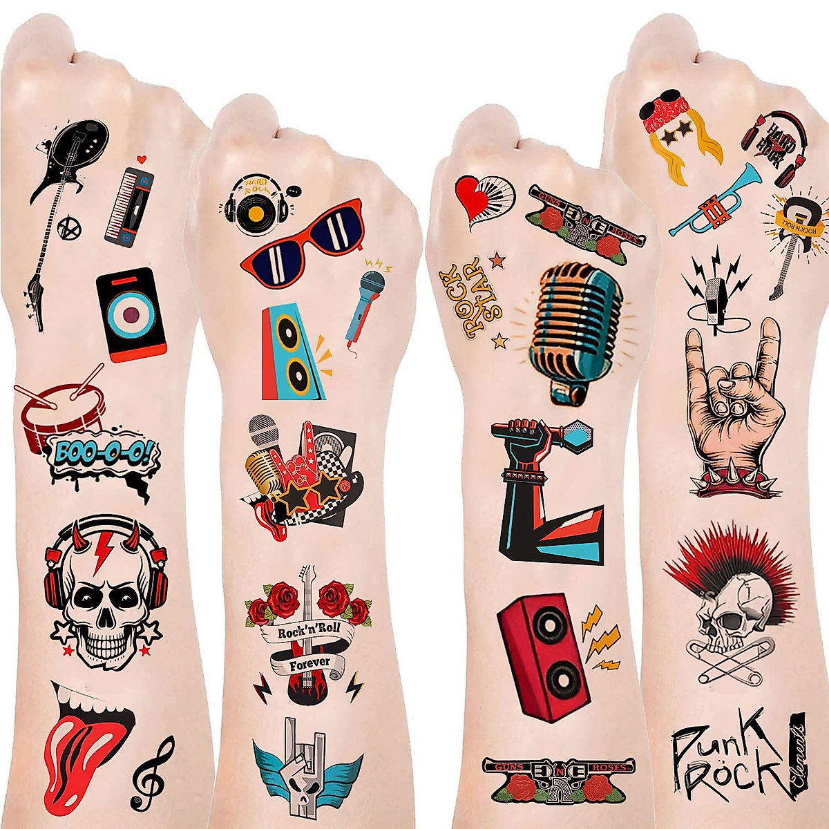 20 Sheets Rock and Roll Temporary Tattoos Party Favors for Rock Star, Born to Rock, 50s/80s Rock Theme Party Decorations Supplies Gifts