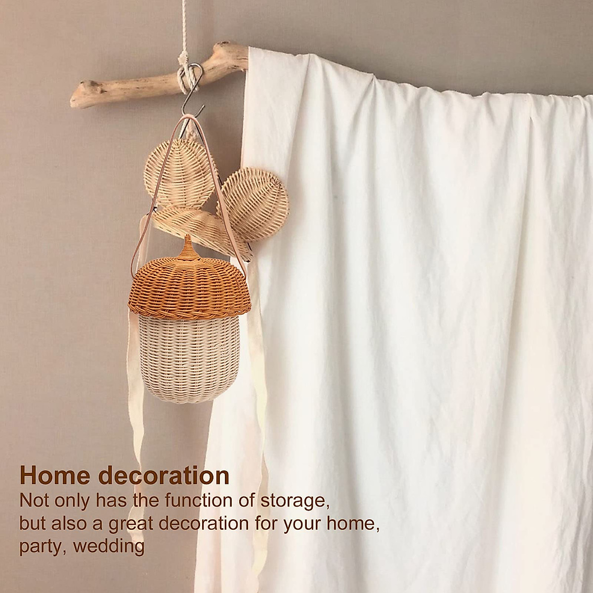 Kids Rattan Storage Basket, Hand Woven Indonesian Rattan Decorative Acorn Shaped Bag for Boys Girls Photography Props (Large Handbag)