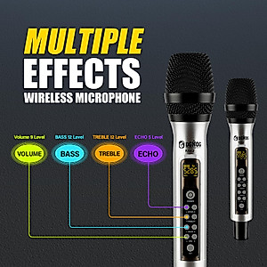 DGNOG K662 Metal Wireless Microphones with Echo, UHF Dual Cordless Handheld Karaoke Dynamic Mic System with Rechargeable Receiver, 200FT Range for Singing, Wedding, Speech, Dj, Church, Party