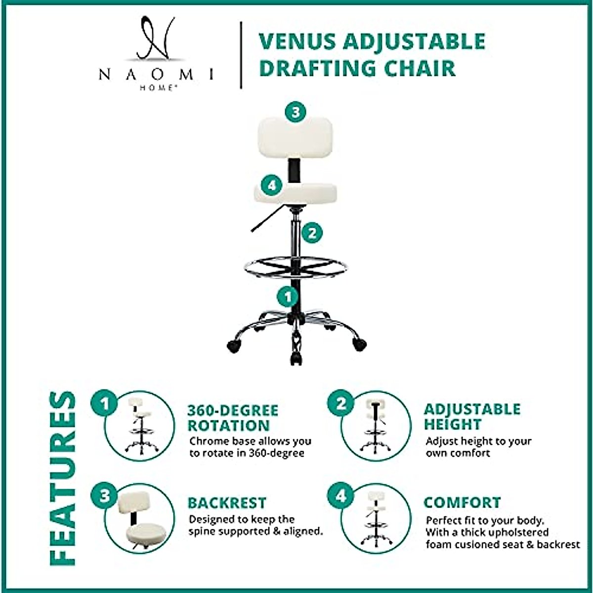 Venus Drafting Stool Chair, Rolling Stools with Wheels, Stools with Backs, Tall Adjustable Office Chair Workbench Stool with Back Support Adjustable Chair Work Stool with Chrome Footrest - Gray